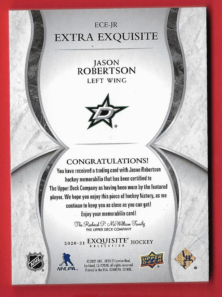 Jason Robertson 2020 Black Diamond Exquisite Collection Extra Jersey ...