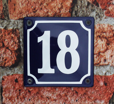 HOUSE NUMBER 18 FRENCH ENAMEL SIGN. WHITE No.18 ON A BLUE BACKGROUND ...