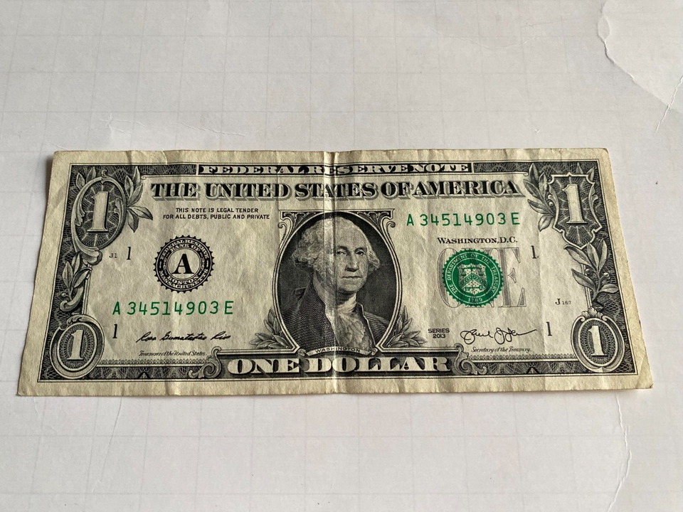 One dollar bill serial number A 34514903 E $1 Note US Real money 2013 ...