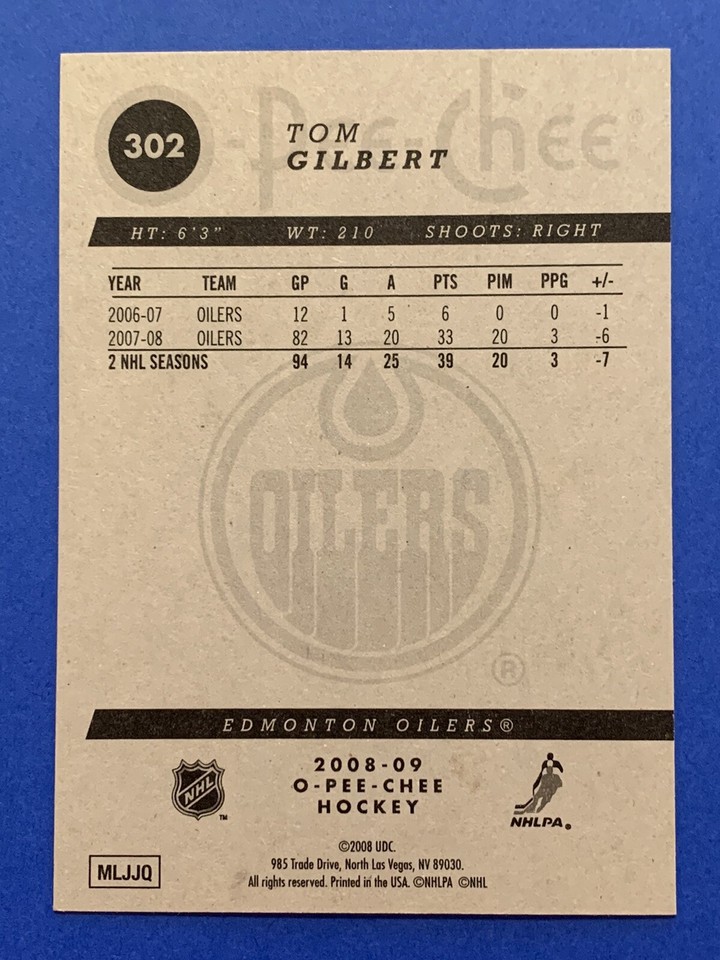 TOM GILBERT Signed 2008-09 OPC #302 Edmonton Oilers Autograph Auto | eBay