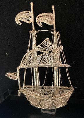 Vintage Sterling Silver Filigree Miniature Ship Model in Original Case ...