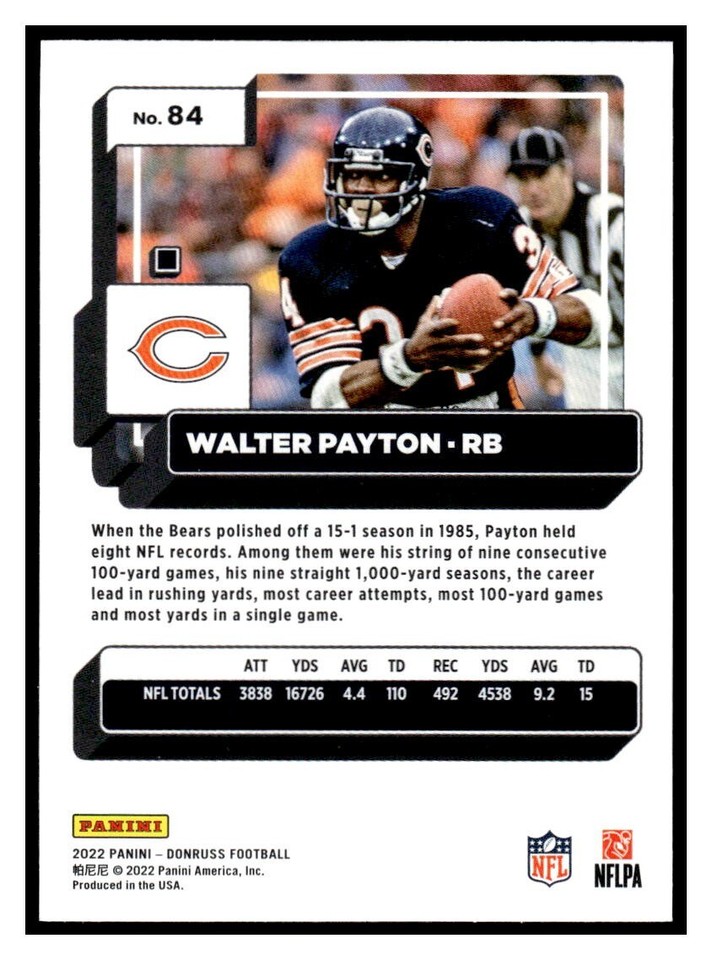 2022 Donruss 84 Walter Payton Chicago Bears NFL football card HOF | eBay