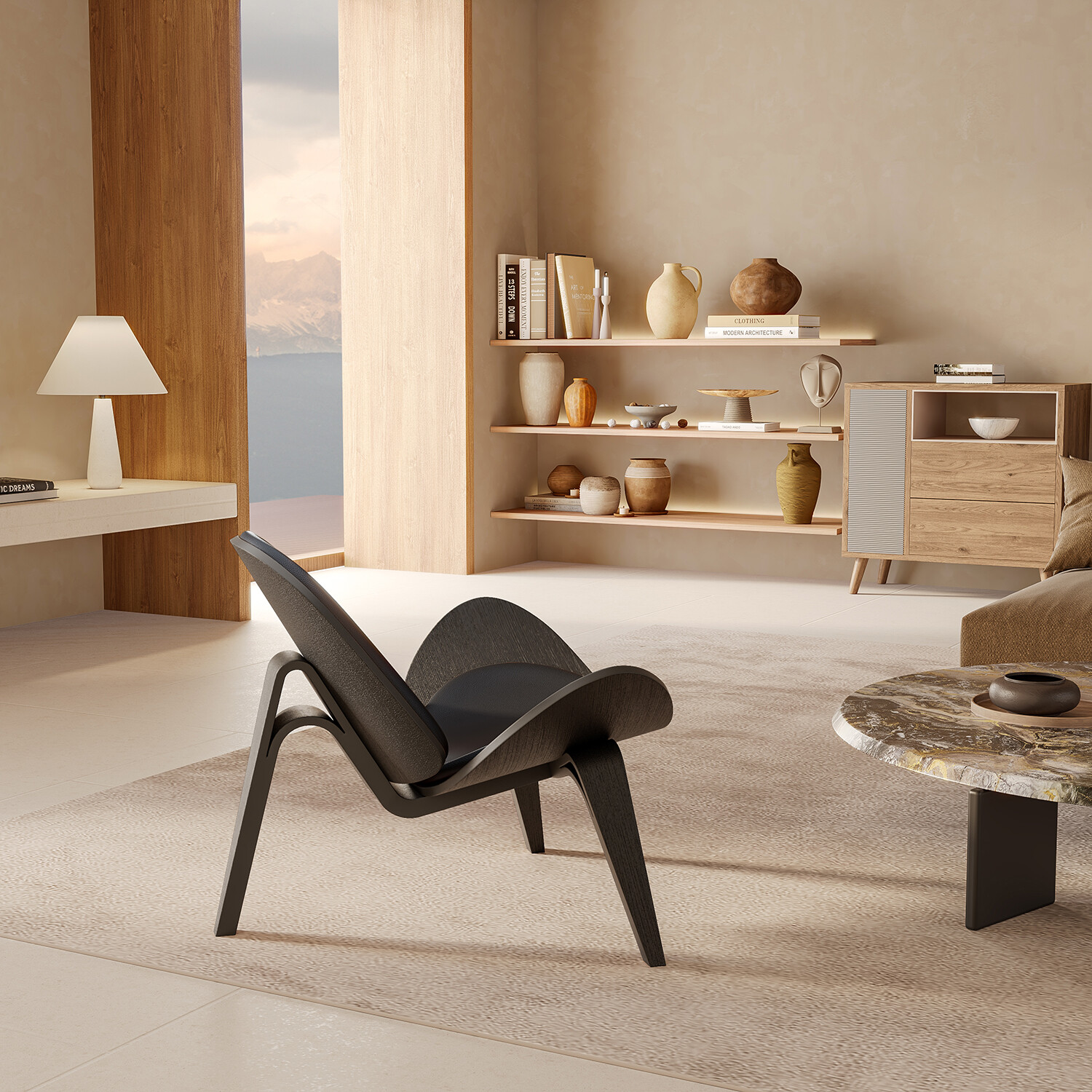 2023 Mid-Century Modern Shell Lounge Chair Leather Accent Solid Wood ...