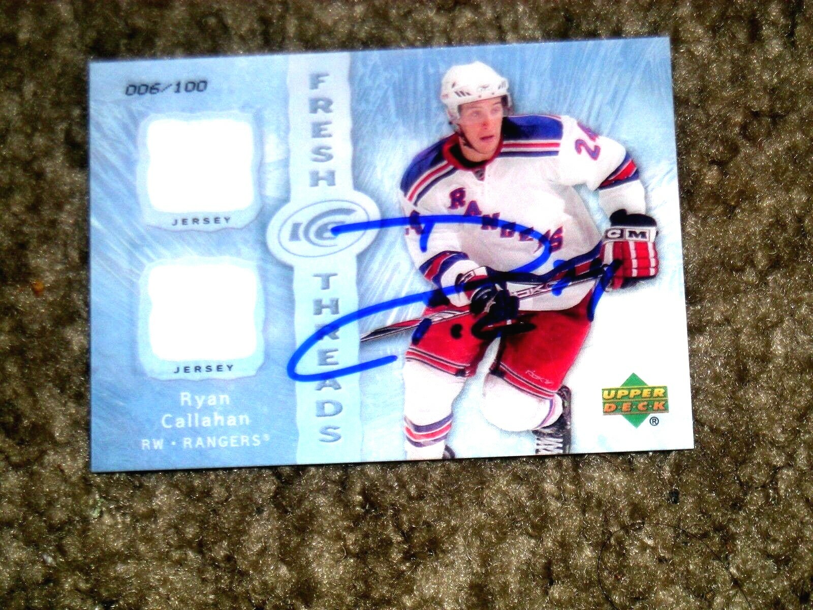 Ryan Callahan New York Ranger Autographed UD ICE Jersey Card 2007-08 ...