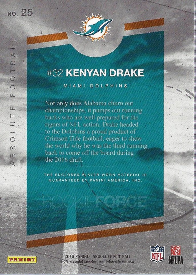 2016 Absolute Rookie Force Jerseys Blue #25 Kenyan Drake Jersey - NM-MT ...