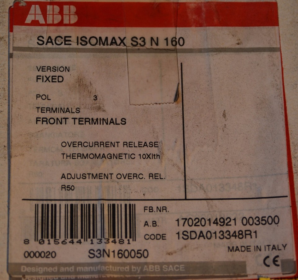 ABB SACE ISOMAX S3 N 160 R50 50 Amp 3 Pole circuit breaker Code ...