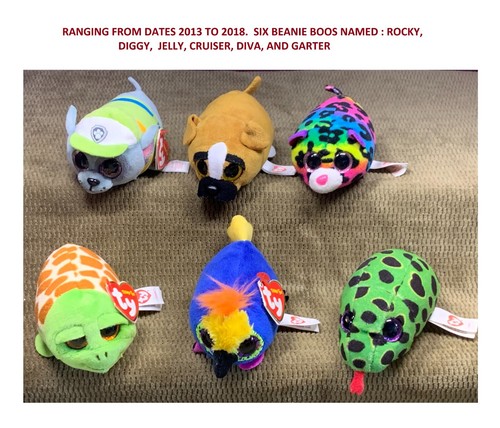 6 TY BEANIE BOOS 2 DOGS, LEOPARD, TURTLE, PARROT, & SNAKE PLUSH/STUFFED ...