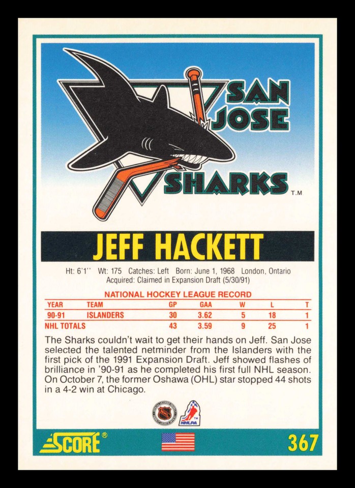 Jeff Hackett #367 1991-92 Score American San Jose Sharks Hockey | eBay