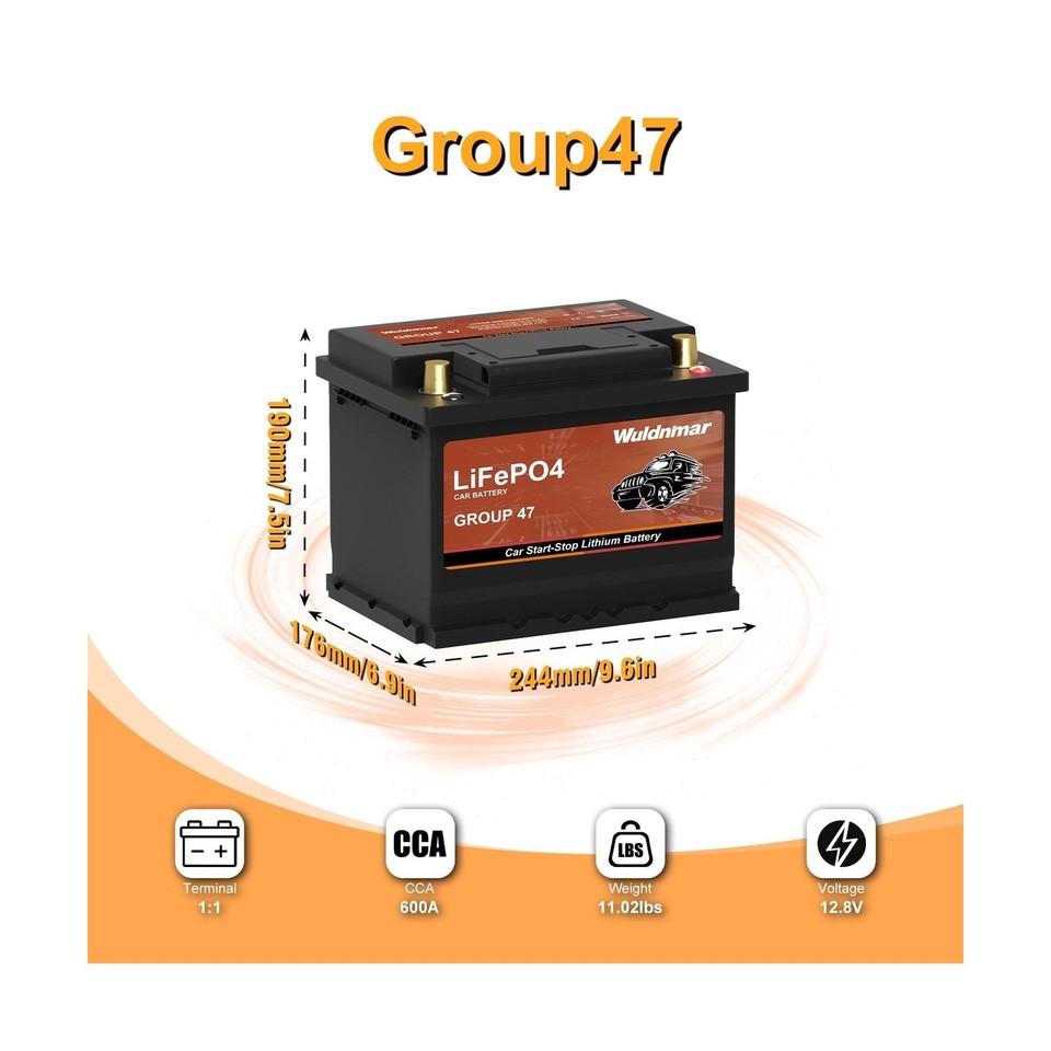 12V BCI Group 47 LiFePO4 Lithium Car Battery 600CCA Lightweight ...