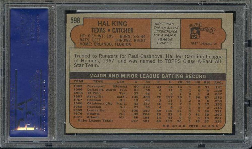1972 TOPPS #598 HAL KING PSA 8 RANGERS *B72154 | eBay