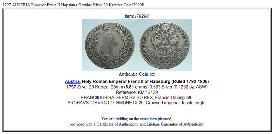 1797 AUSTRIA Emperor Franz II Hapsburg Genuine Silver 20 Kreuzer Coin ...