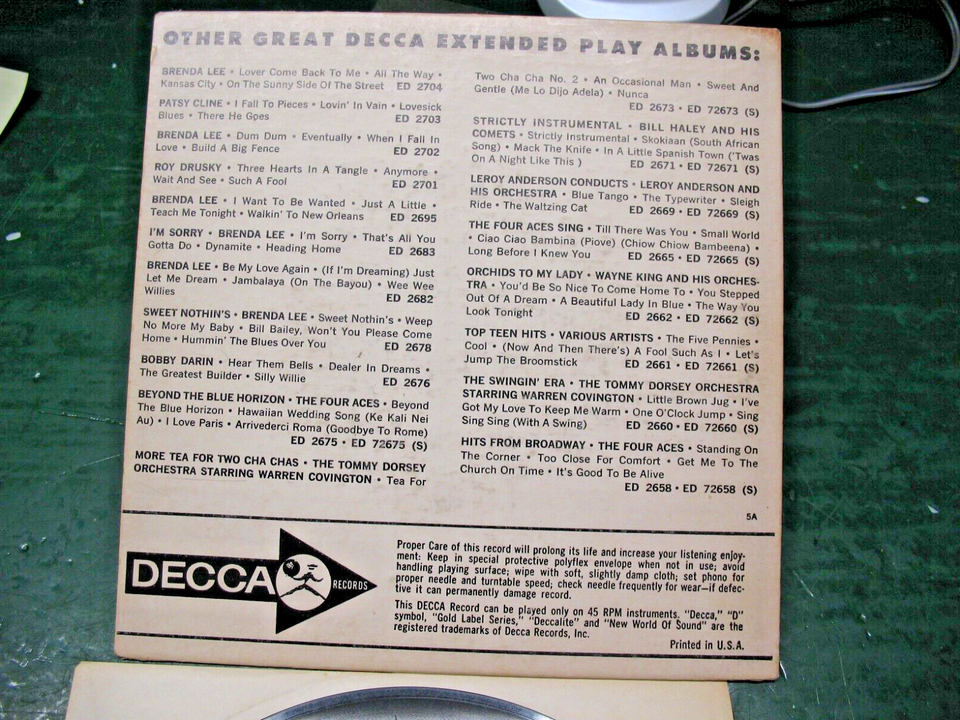 PATSY CLINE DECCA EXTENDED PLAY ED 2703 VINYL 45 RPM RECORD 1950's ...