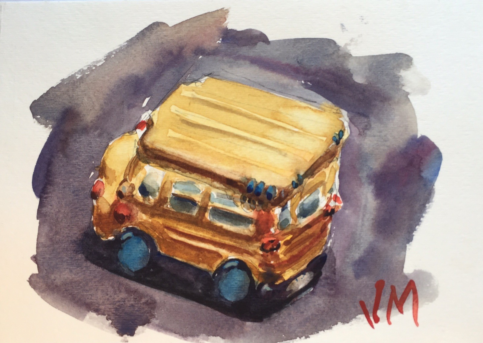 ORIGINAL Watercolor Painting School Bus Toy Small 5.1/4" X 7.1/2" | eBay