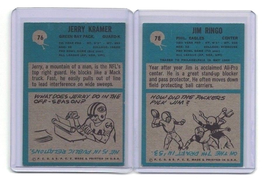 1964 PHILADELPHIA FOOTBALL CARDS JERRY KRAMER #76 EX-MT+ & JIM RINGO ...