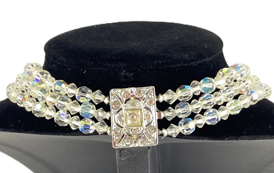 Aurora Borealis Vintage Three Strand Crystal Necklace w/rhinestone ...