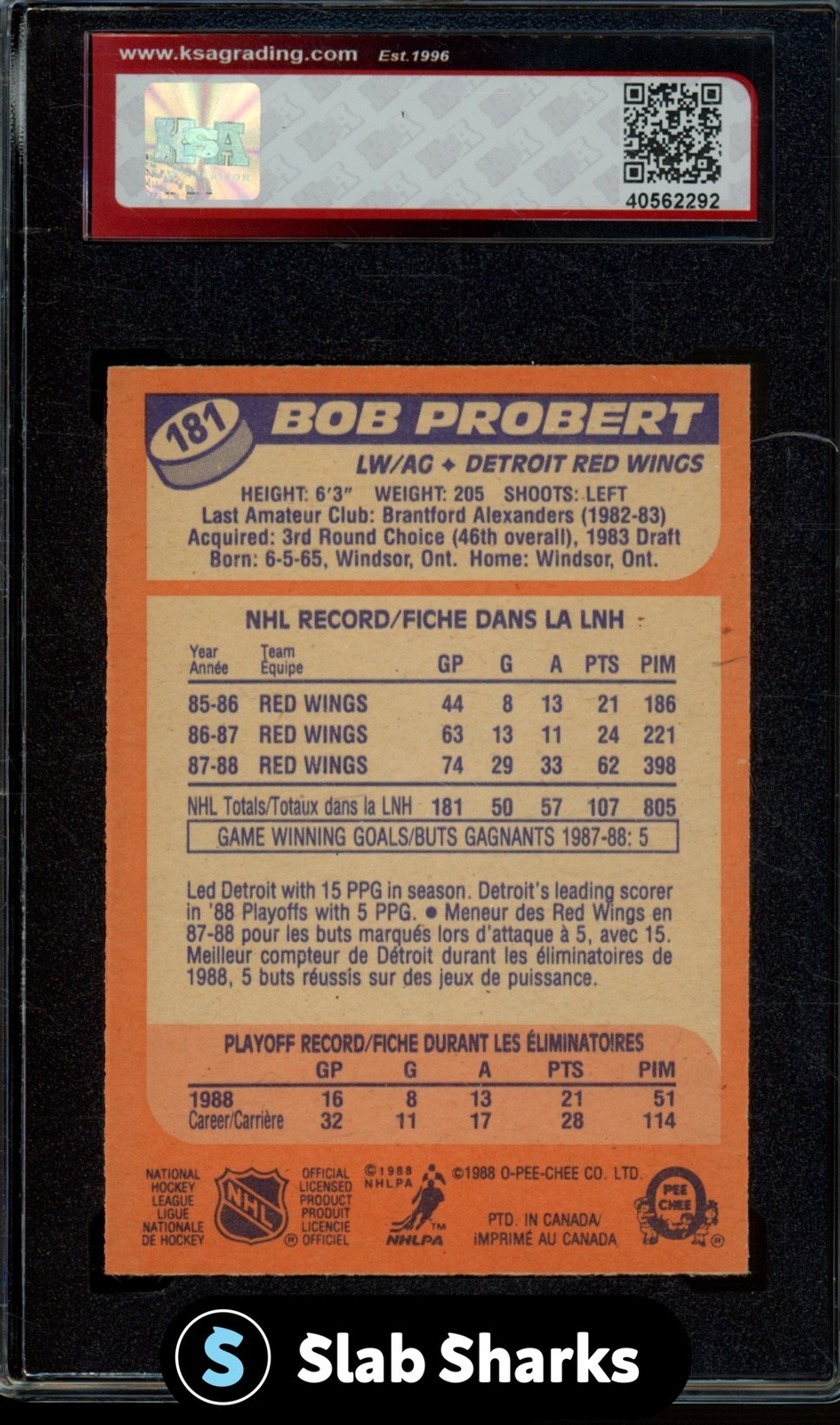 1988 O-PEE-CHEE BOB PROBERT ROOKIE #181 KSA 8 | eBay