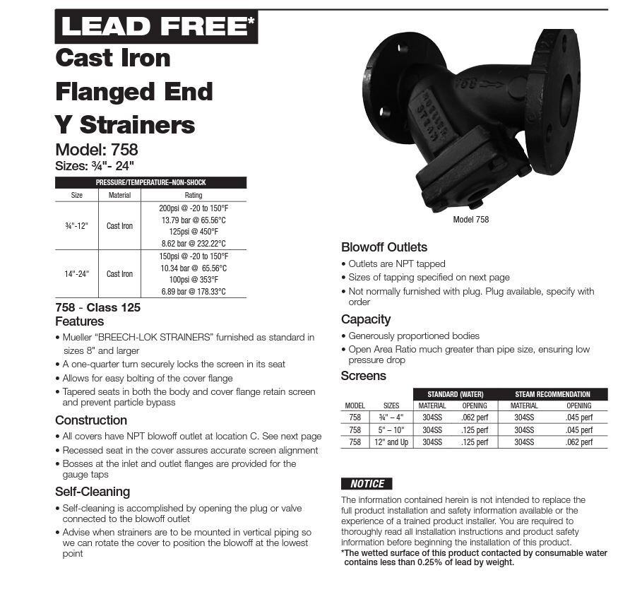 MUELLER Type 758-N 3" Class 125 Cast Iron Flanged Y-Strainer 5/32 ...