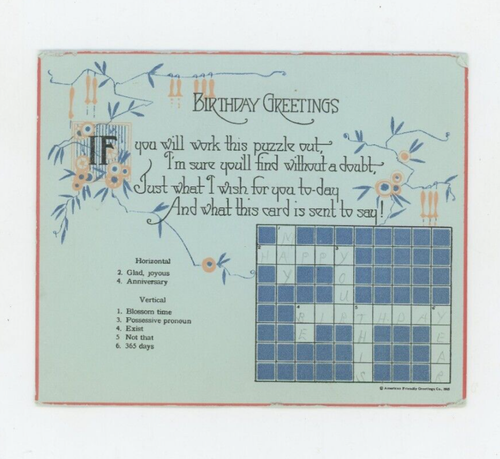 Vintage Greeting Card BIRTHDAY BLUE CROSSWORD PUZZLE USED SINGLE PAGE ...