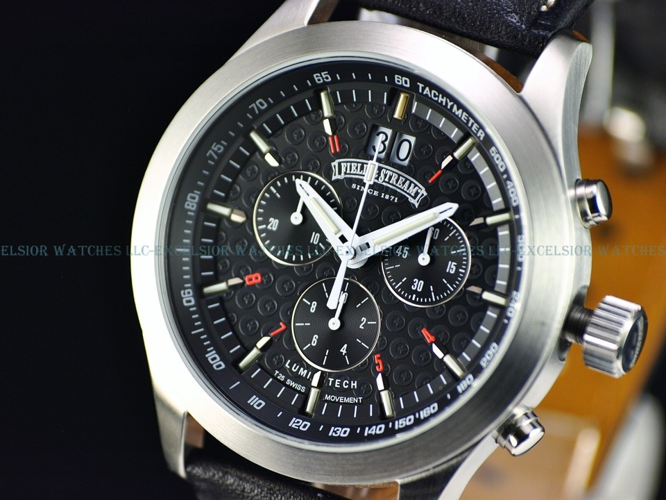 NOS Field & Stream Men's Lumi Tech Swiss Quartz Chrono Black Dial SS ...