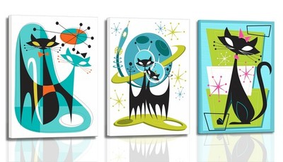 3pcs Framed Atomic Cats Wall Art Mid-Century Modern Retro Futurism ...