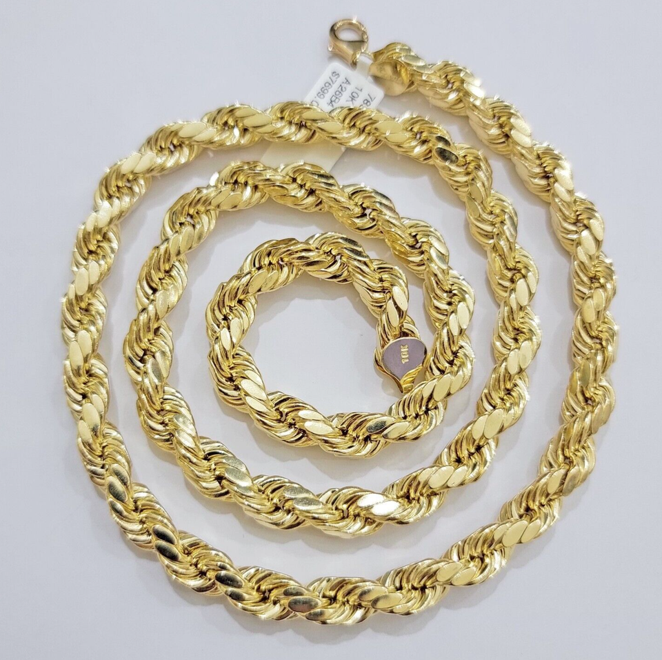 10k Yellow Gold Rope Chain Necklace 28 Inch 8mm Diamond Cuts Men's REAL ...