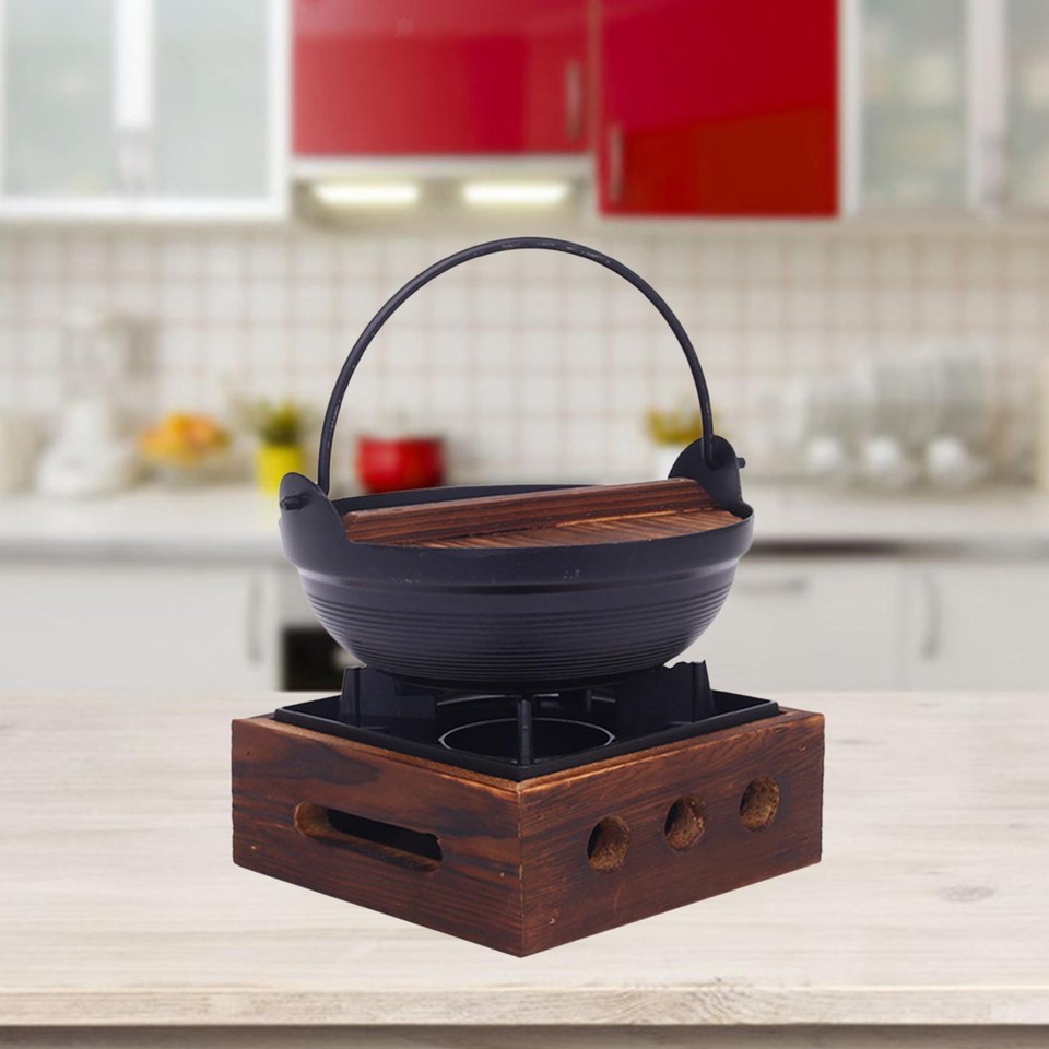 Cast Iron Hanging Pan W/Wood Lid Japanese Sukiyaki Stew Pot Camp Pot ...