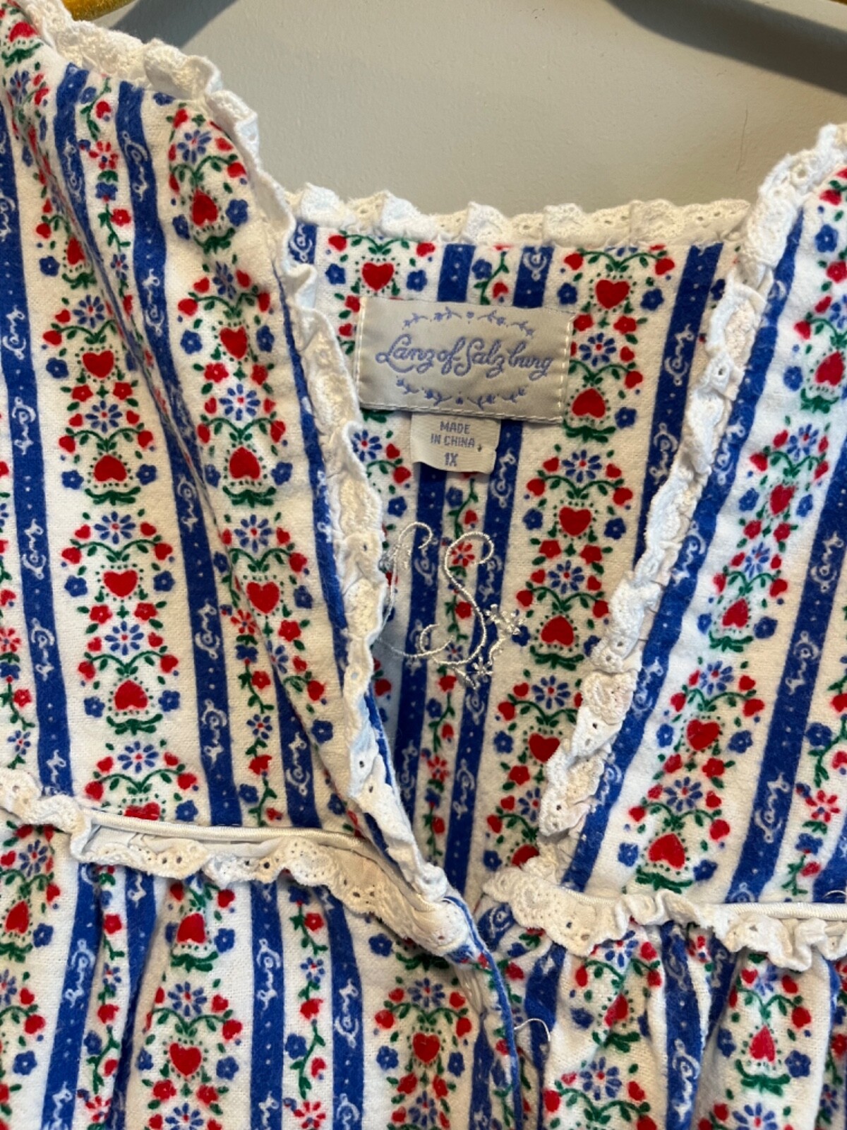 Lanz of Salzburg Nightgown Dress Flannel Tyrolean Stripes Hearts Blue ...