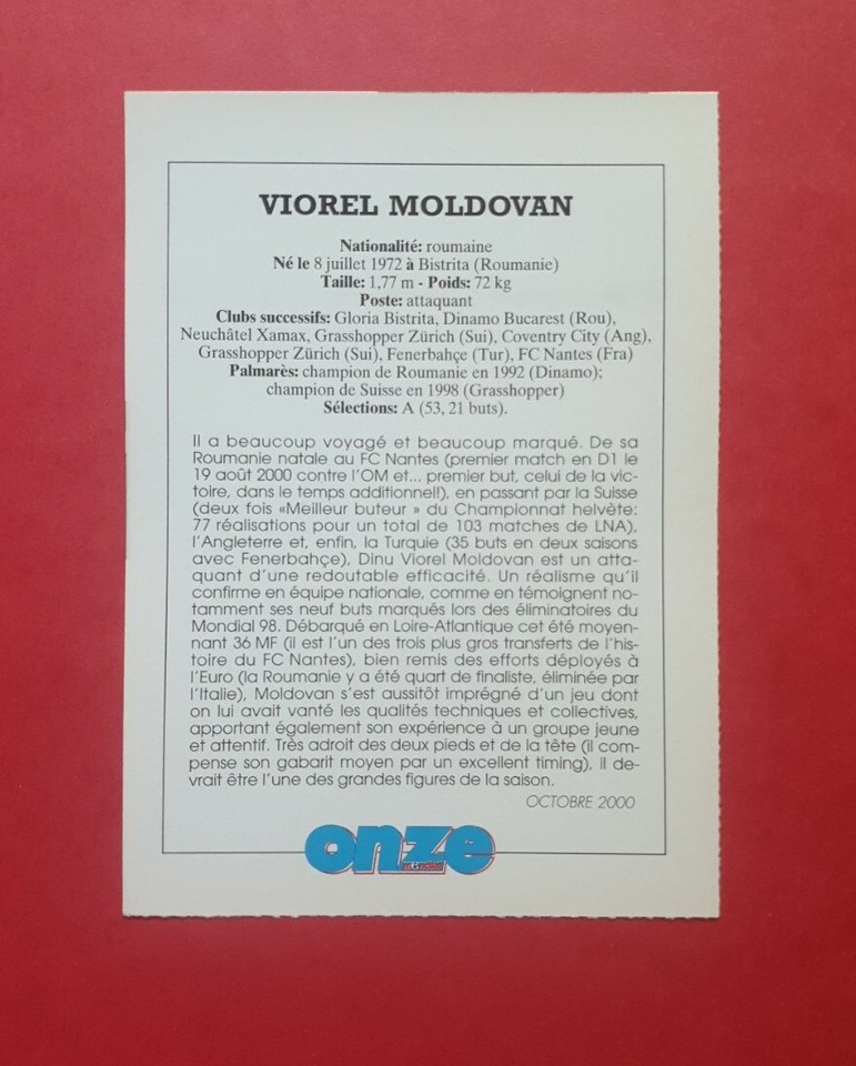 VIOREL MOLDOVAN 2000 NANTES ROUMANIE FICHE ONZE MONDIAL COLLECTION ...