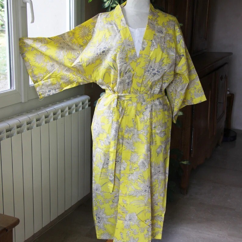 Indian Cotton Robe Long Kimono Sleepwear Yellow Floral Printed Night ...