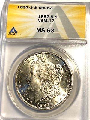 #A8146,ANACS Morgan Silver Dollar MS 63 1897 S MS63 Seldom Seen Vam 17 ...