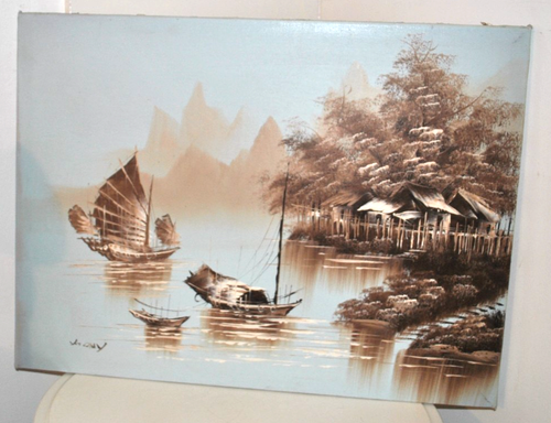 Vintage Oil painting on canvas- 'East Asian River scene' -Decorative ...