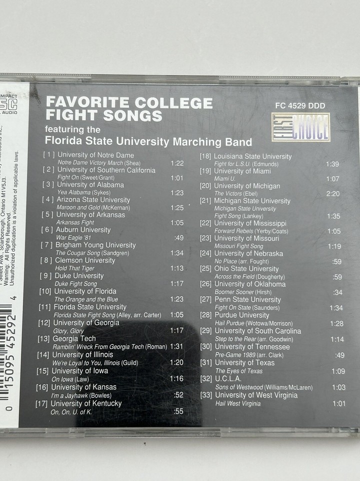 Florida State Marching Band Favorite College Fight Songs (CD, Feb-1995 ...