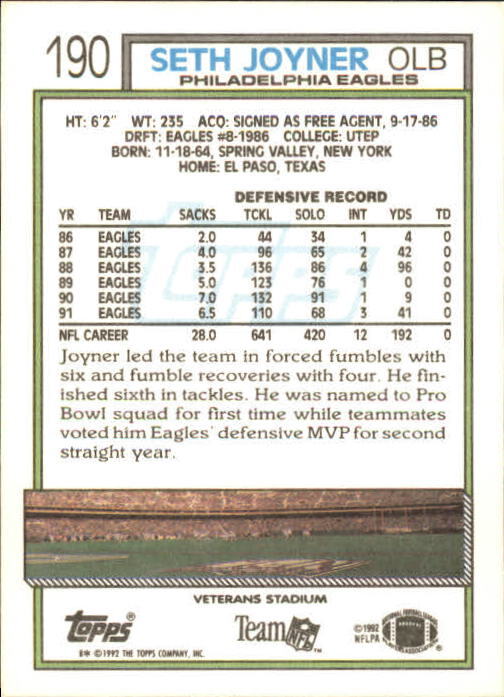 1992 Topps Football Card #190 Seth Joyner | eBay
