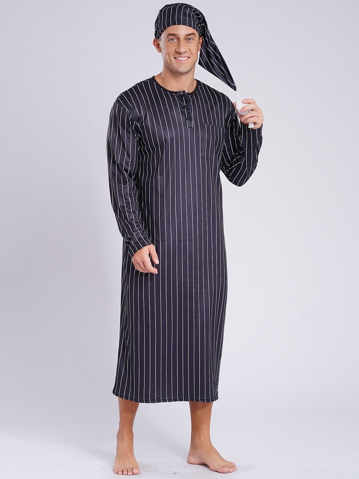 Mens Striped Sleepwear Long Sleeve Nightshirt Night Pajama Set with ...