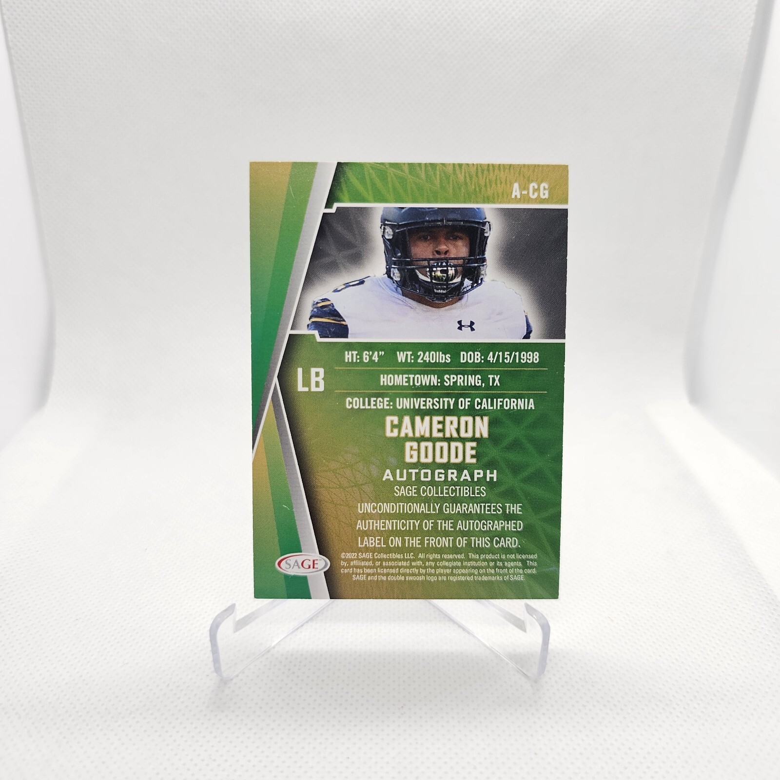 2022 SAGE High Series - Autographs Red #A-CG Cameron Goode (AU, RC) for ...