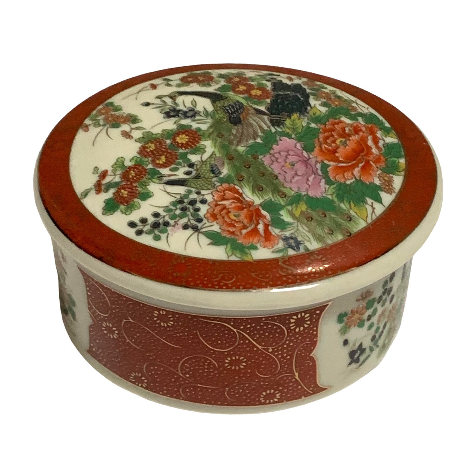 Satsuma Japan Peacock Floral Trinket Dish Keepsake Box Round Lidded ...