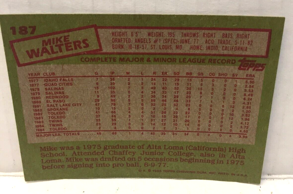 Twins Mike Walters #187 MLB Vintage Baseball Card Ships Free / Mint ...