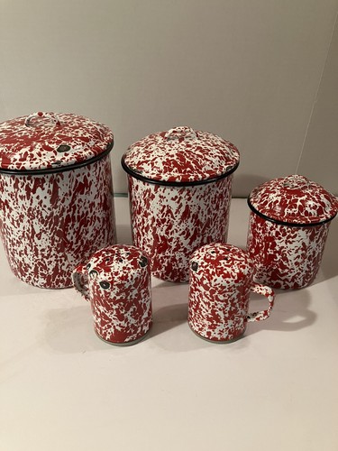 SPLATTERWARE, ENAMEL WARE NEW CONDITION Red/White CANISTER SET And Salt ...