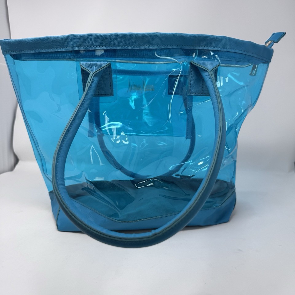 Neiman Marcus Women Transparent Clear Blue Plastic PVC Tote Bag 16”x11 ...