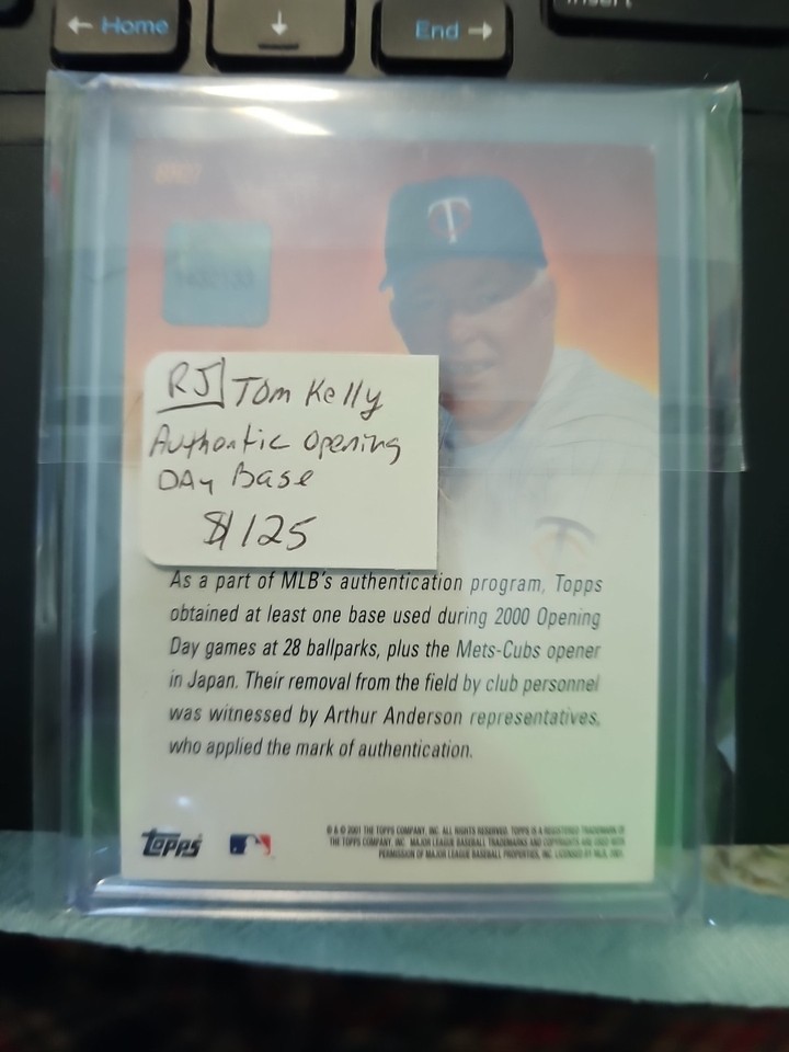 2001 Topps Baseball Tom Kelly TWINS #BH27 Base Hit Game Used Base Auto ...