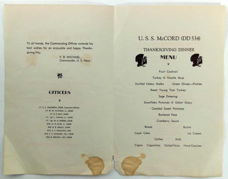 1945 Thanksgiving Day Menu USS McCord DD-534 Navy Fletcher Class ...