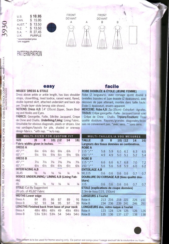 3930 Vintage Butterick SEWING Pattern Misses Dress Stole UNCUT Evening ...