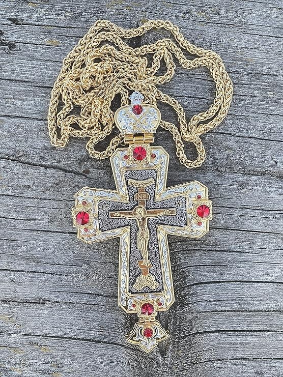 Pectoral Cross 18k Gold Crucifix Pendant with Silver and Red Stones ...
