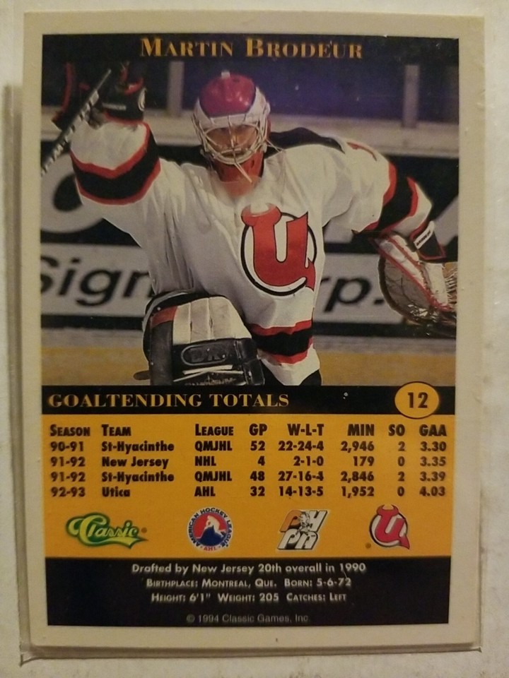 1994-95 Classic Pro Prospects Martin Brodeur - Utica Devils #12 - RC ...