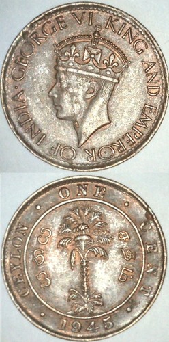 1945 CEYLON One Cent Sri Lanka British Crown Colony Britain George VI ...