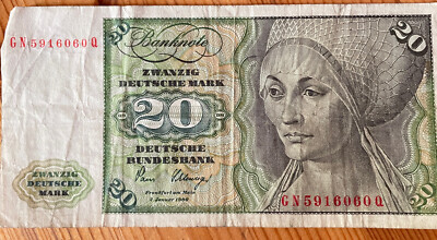 20 DM Deutsche Mark Schein Banknote von 1980 Serie GN...Q Erhalt III ...