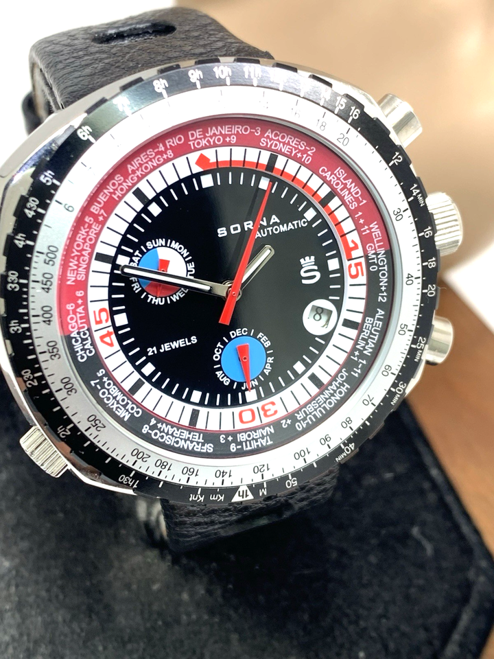 Sorna Men's Watch Automatic World Timer Triple Date Retro Black Red ...