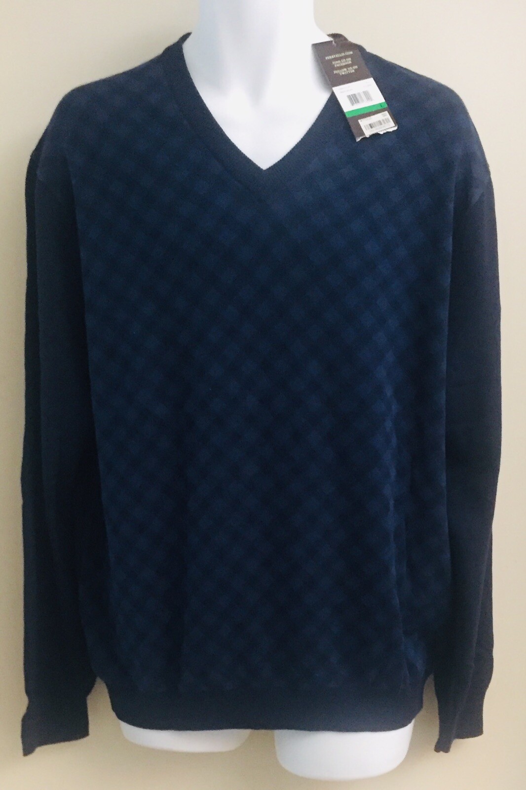 PERRY ELLIS Men's Blue Cotton Sweater Long Sleeve V-Neck SZ L RN# 37763 ...