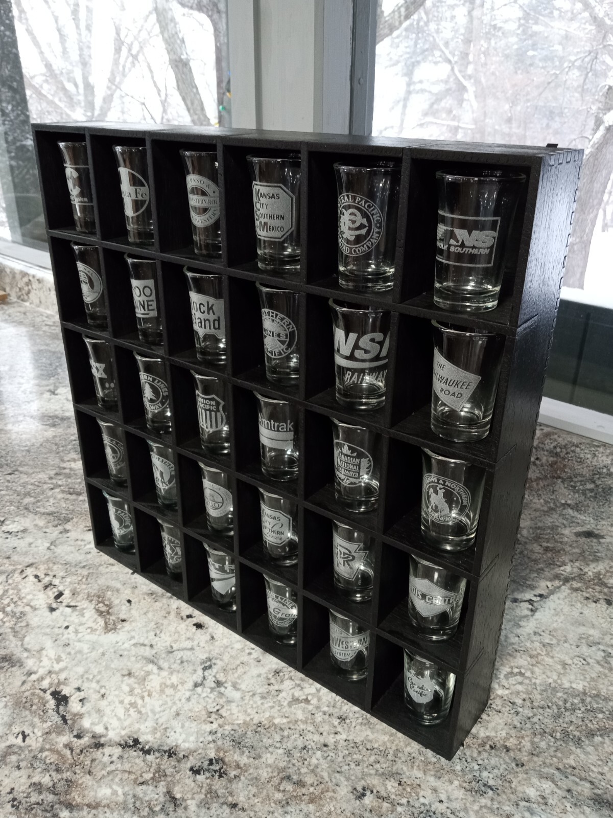 30 Etched Glass Railroad Shot Glasses With Display Case BNSF CP UP NS ...