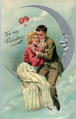 CRESCENT MOON W SMILE HEAVY EMBOSSED TO MY VALENTINE 1908 POSTCARD ...
